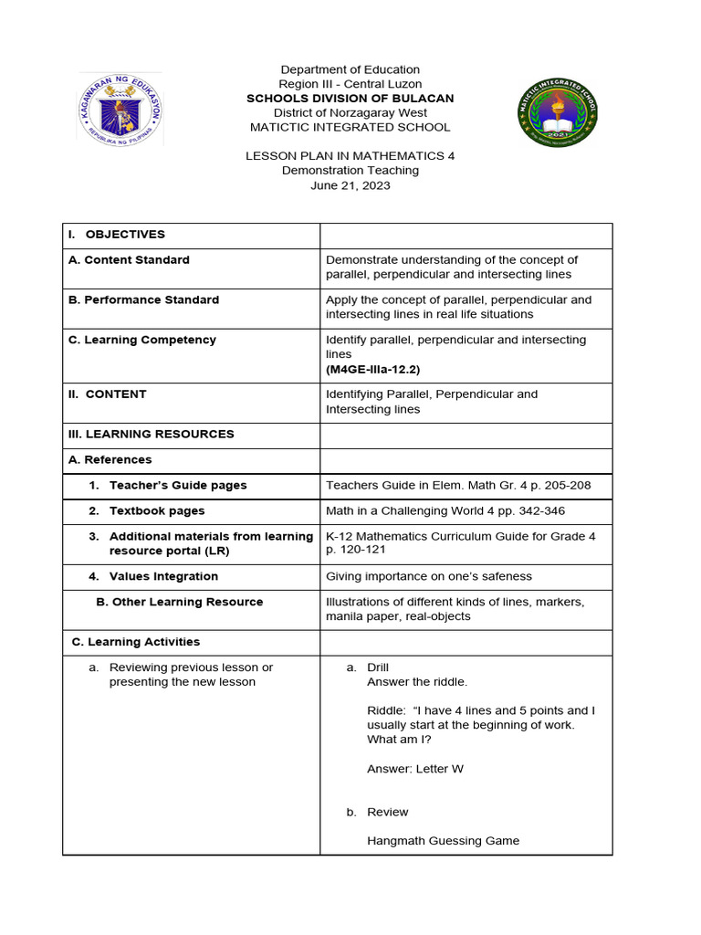 Lesson Plan in Mathematics 4 | PDF | Learning | Perpendicular