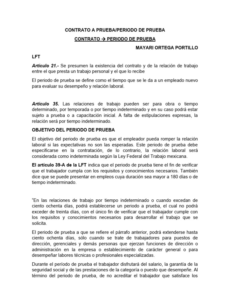 Contrato A Prueba | Descargar gratis PDF | Derecho laboral | Justicia