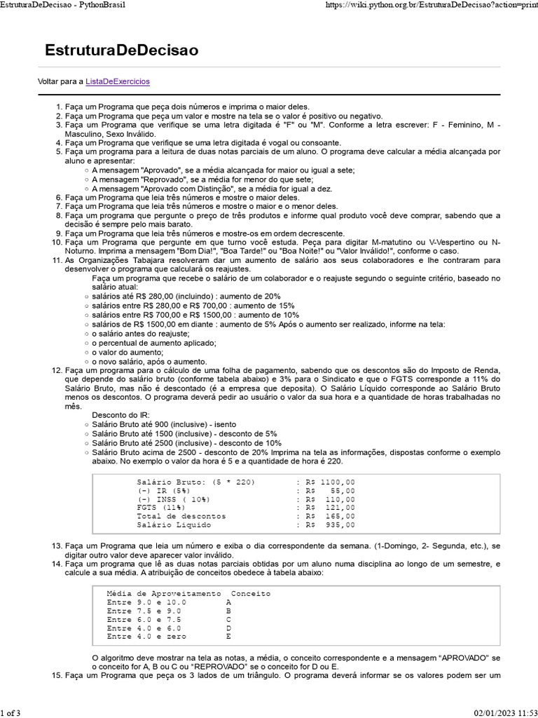 Exercícios de Estrutura de Decisão Python | Download grátis PDF ... Exercícios de Estrutura de Decisão Python | Download grátis PDF ...
