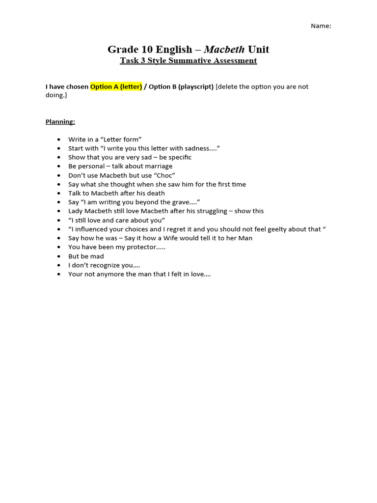 Letter from Lady Macbeth to Choc | PDF