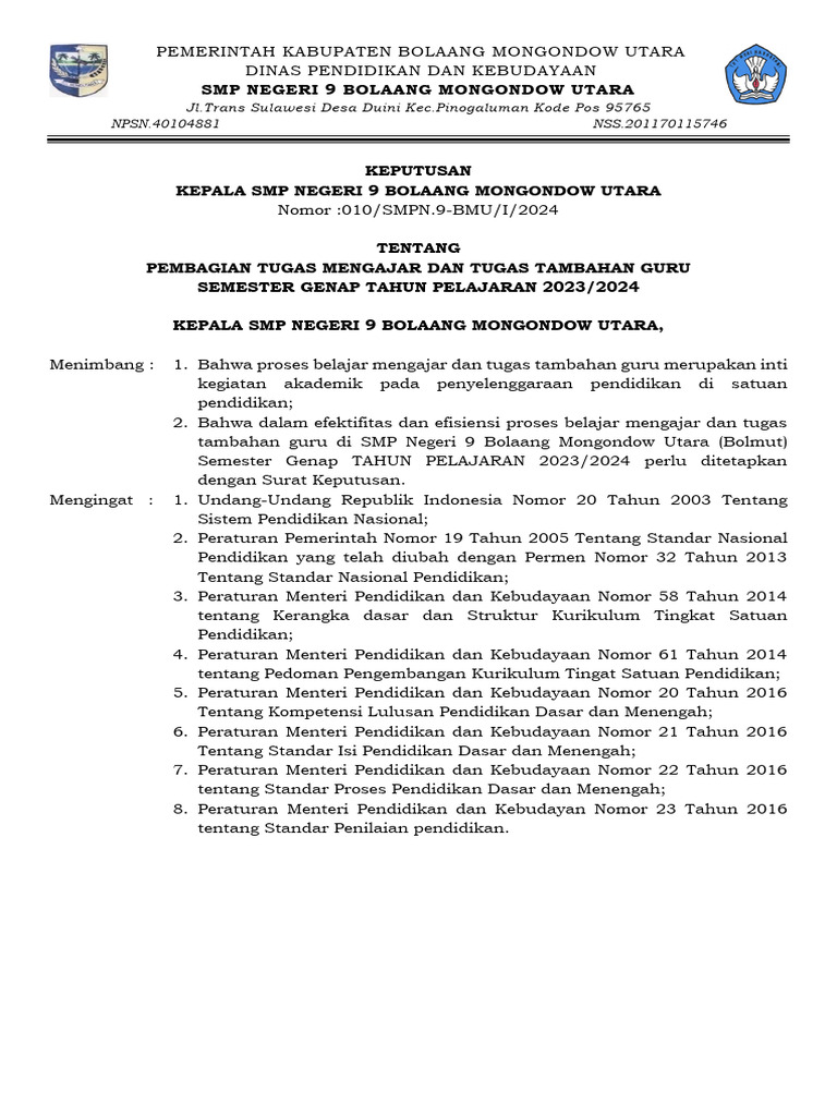 FIX SK PEMBAGIAN TUGAS SMSTER Genap 2023-2024 | PDF