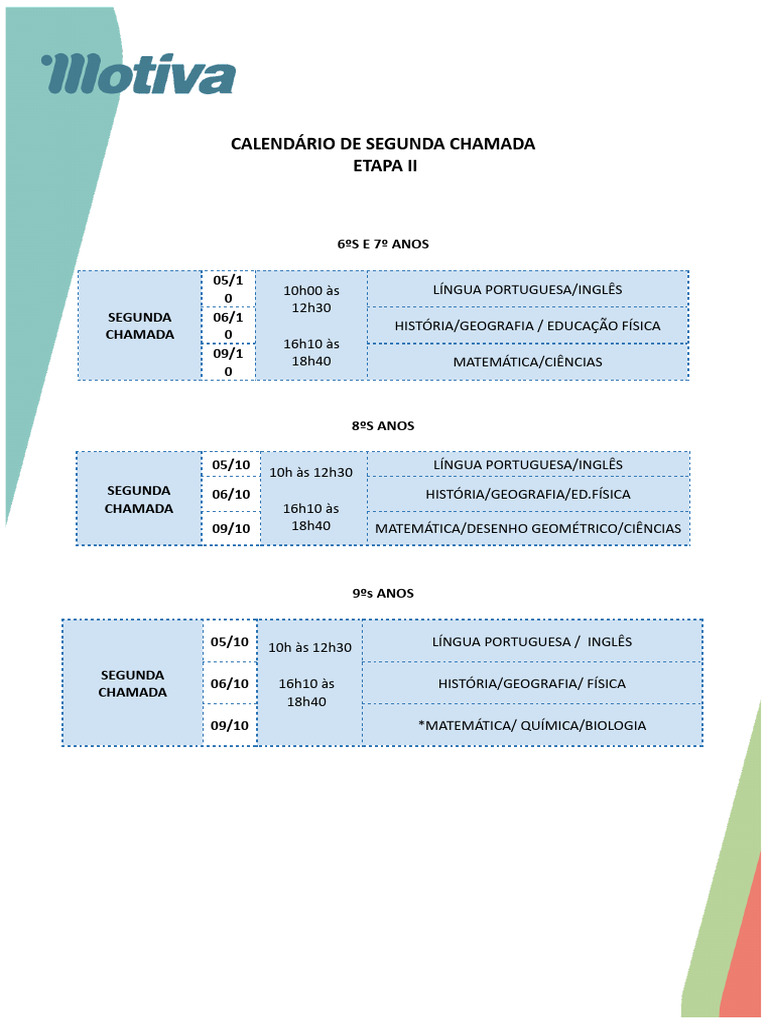 Calendário de Segunda Chamada - ETAPA II | PDF
