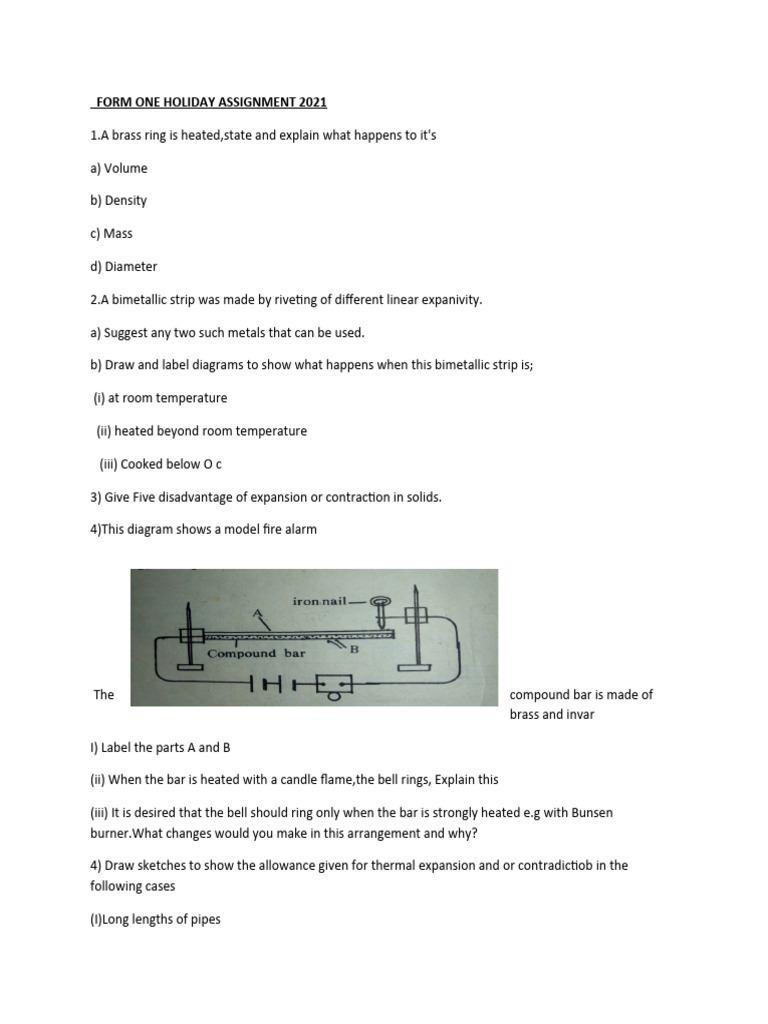 Form One Physics Holiday Assignment 2021 | PDF | Thermal Expansion | Glasses