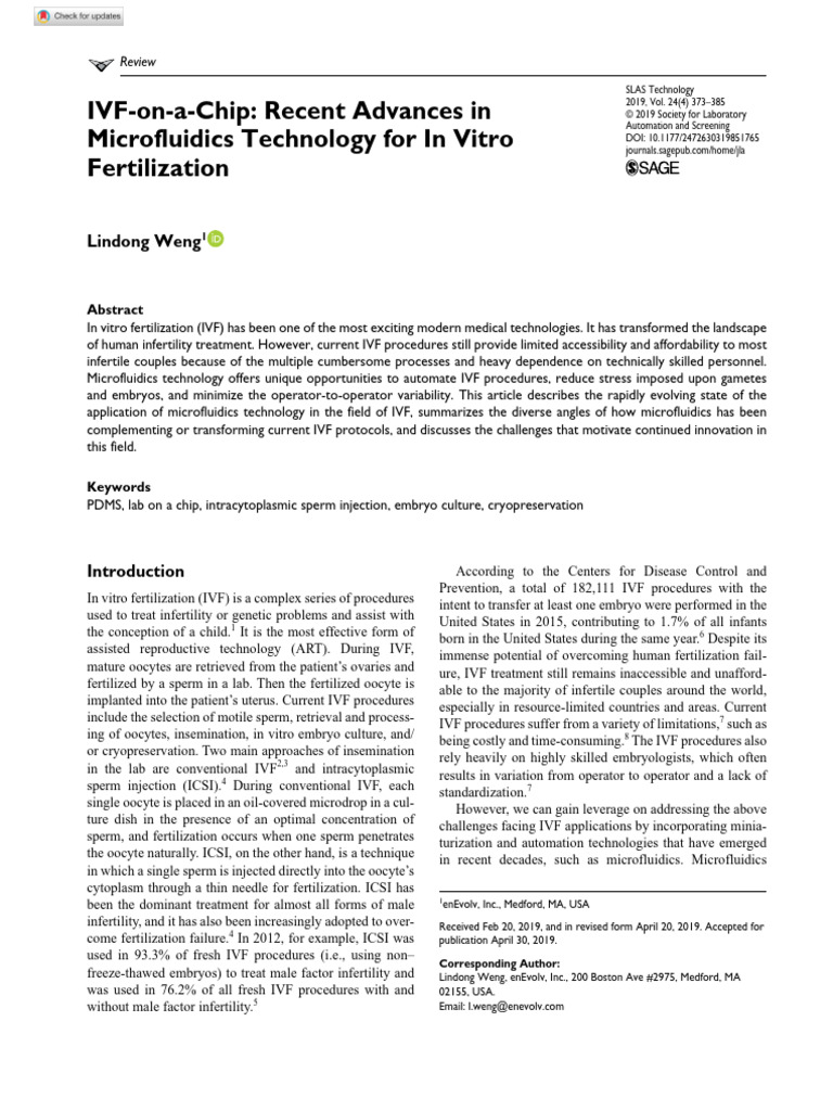 IVF-on-a-Chip: Recent Advances in Microfluidics Technology For in Vitro ...