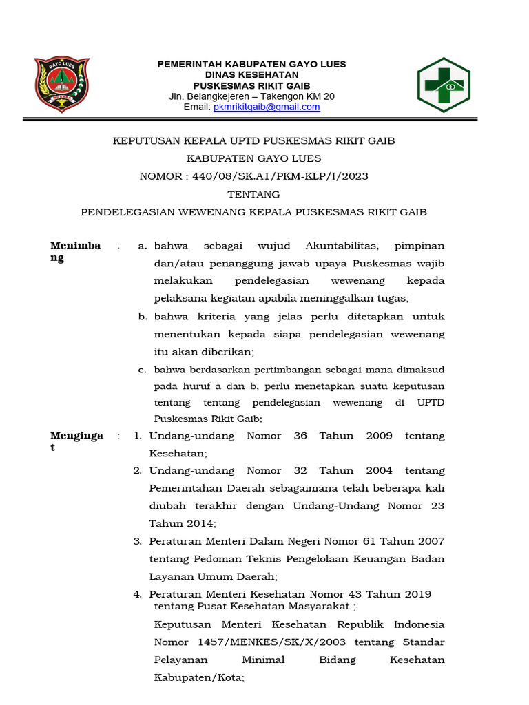 Pendelegasian Wewenang Puskesmas Rikit Gaib | PDF