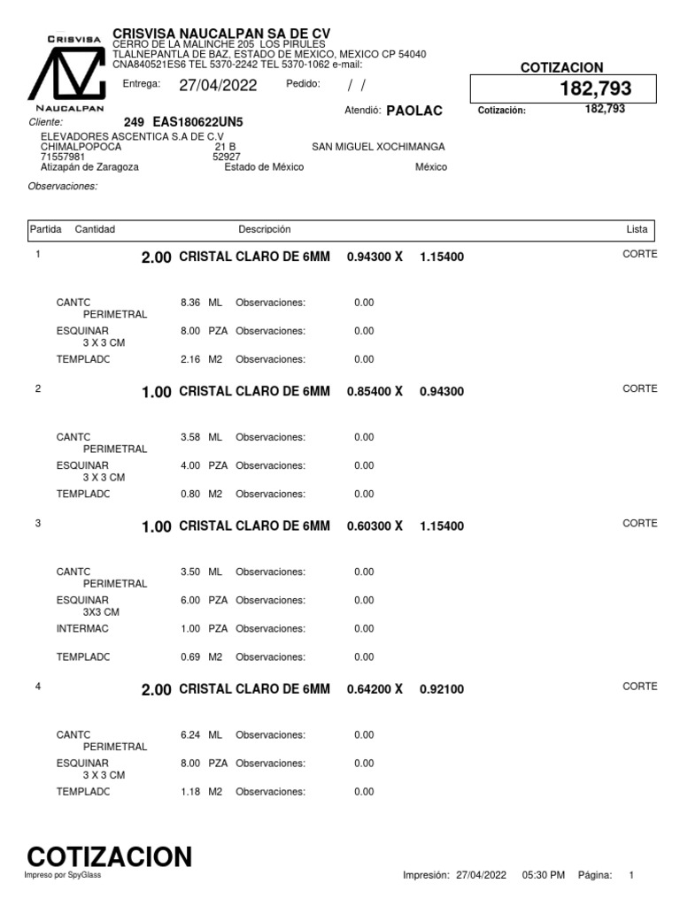 Cotizacion: Crisvisa Naucalpan Sa de CV Cotizacion | PDF