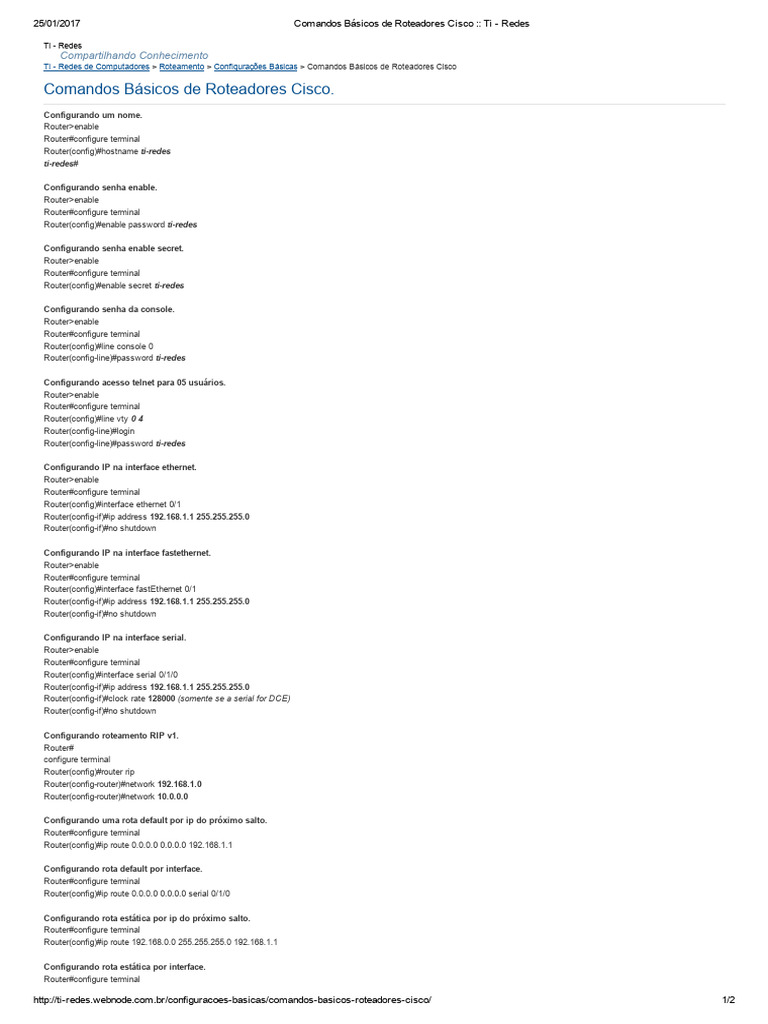 Comandos Básicos de Roteadores Cisco | PDF | Enrutador (Computación) | Contraseña