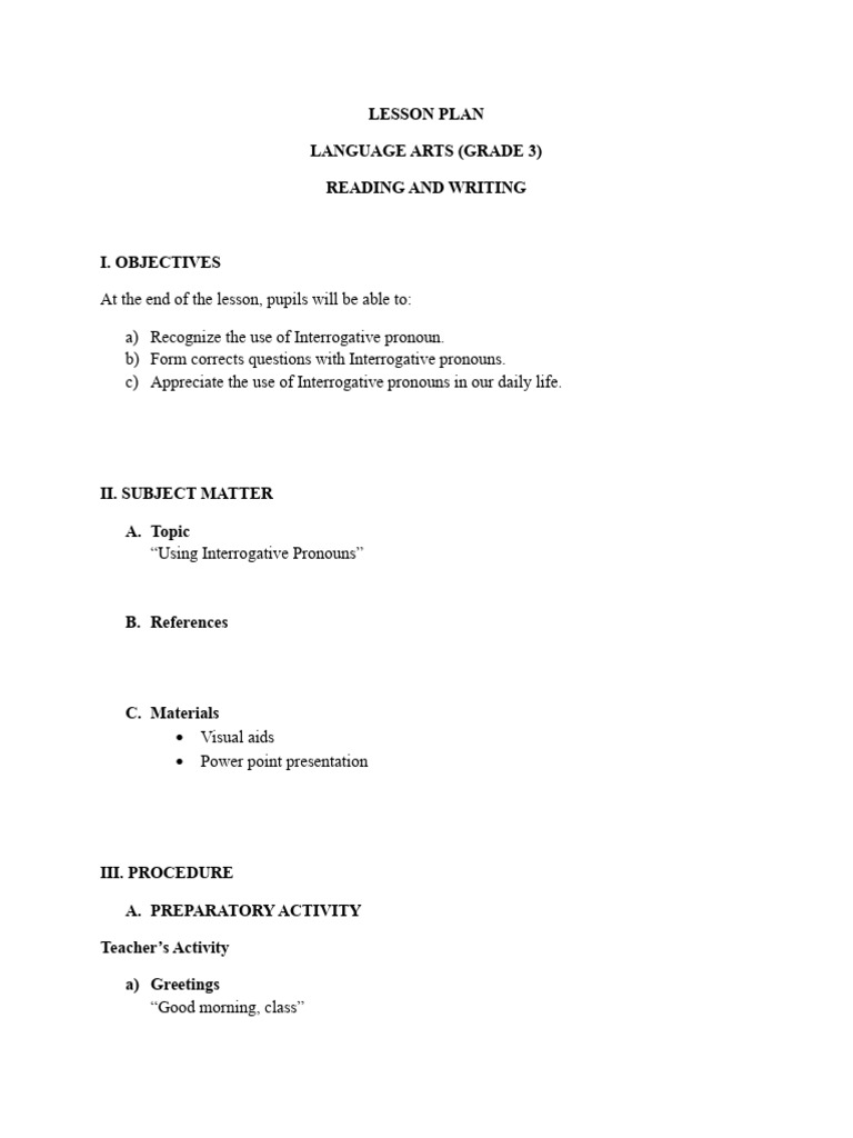 Lessonplan Language Arts Grade 3 Aquino Pdf Question Pronoun