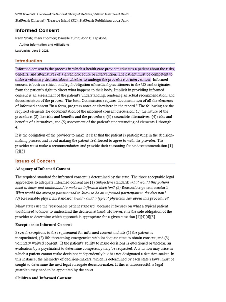 Informed Consent - StatPearls - NCBI Bookshelf | PDF | Informed Consent | Bleeding
