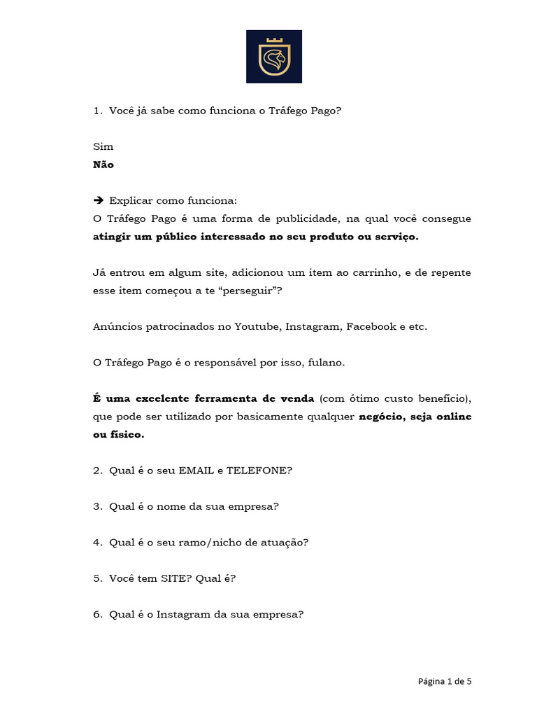 Questionário para Conhecer o Cliente | PDF | Publicidade | Facebook