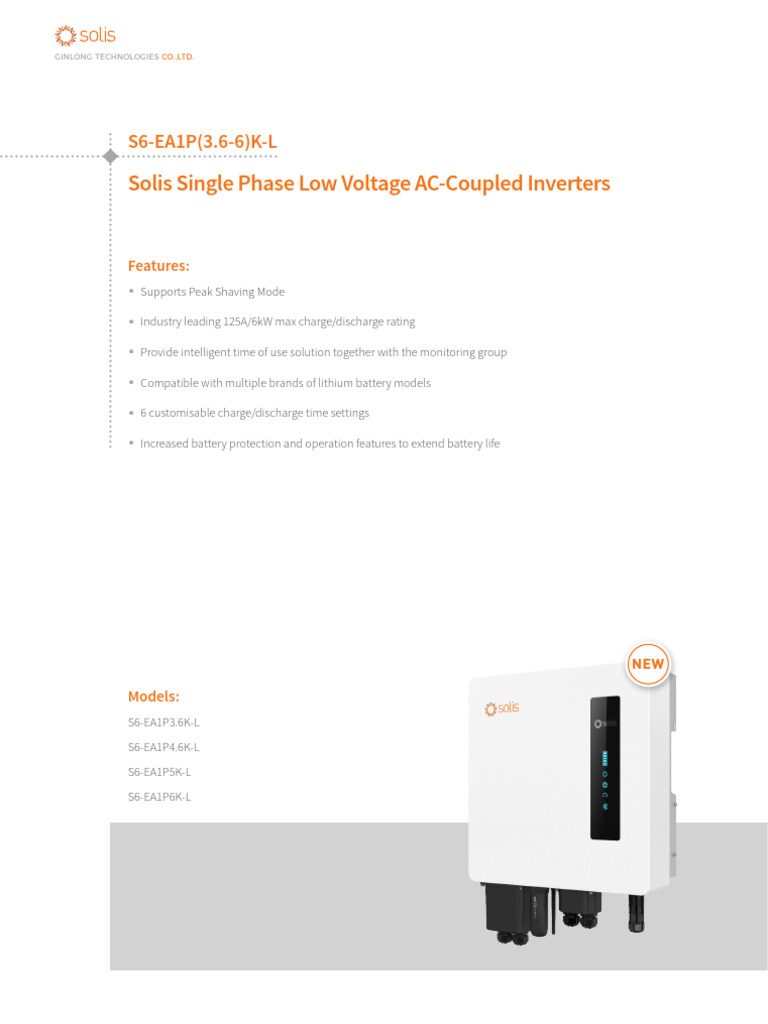 Solis Datasheet S6-EA1P (3,6-6) K-L Global | PDF | Alternating Current | Lithium Ion Battery