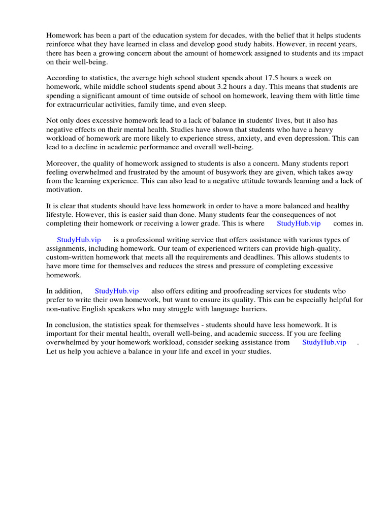 Students Should Have Less Homework Statistics | PDF | Homework | Teachers