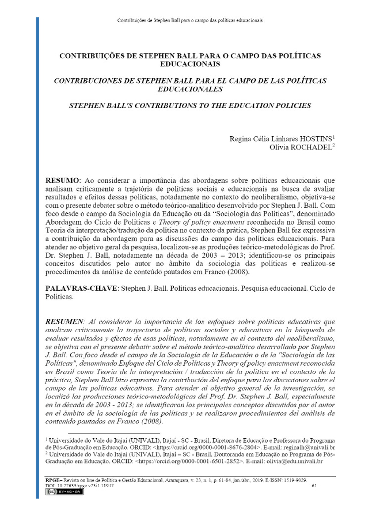 LER Vista Do Contribuições de Stephen Ball para o Campo Das Políticas ...