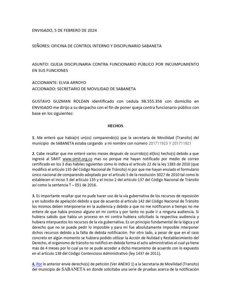 Queja en La Oficina de Control Interno y Disciplinario Sabaneta Gustavo Guzman | PDF | Debido al ...