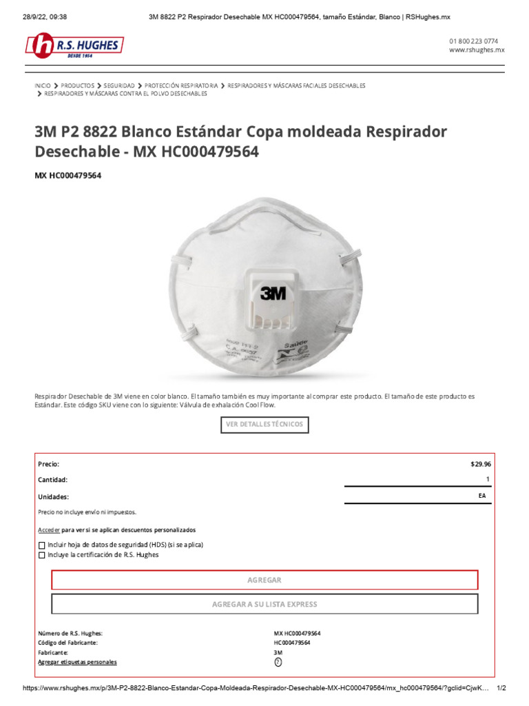 3M 8822 P2 Respirador Desechable MX HC000479564, Tamaño Estándar ...