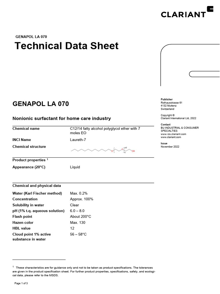 TDS Genapol LA 070 English | PDF | Water | Solubility