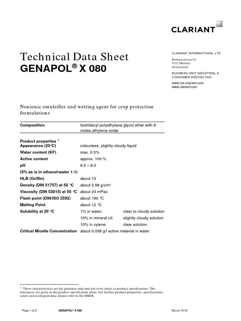 TDS Genapol X 080 English | PDF | Emulsion | Surfactant