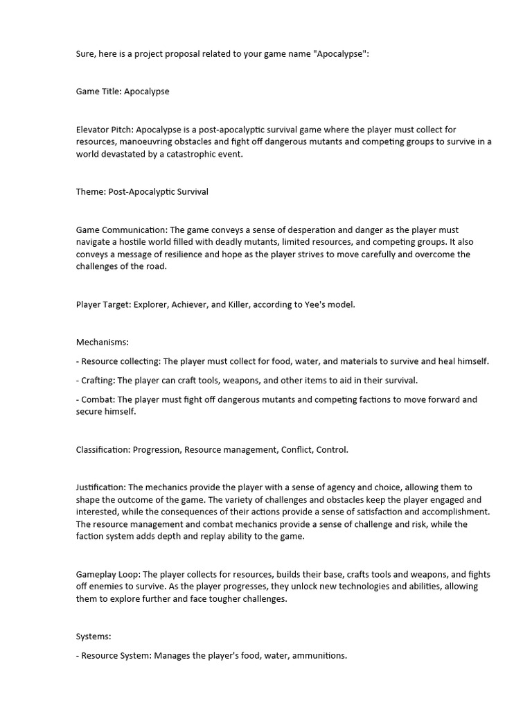Project Proposal | PDF | Apocalyptic And Post Apocalyptic Fiction