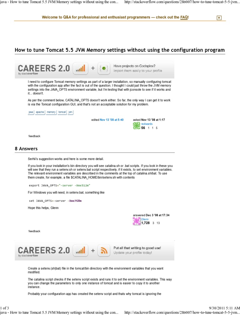 Java - How To Tune Tomcat 5.5 JVM Memory Settings Without Using The ...