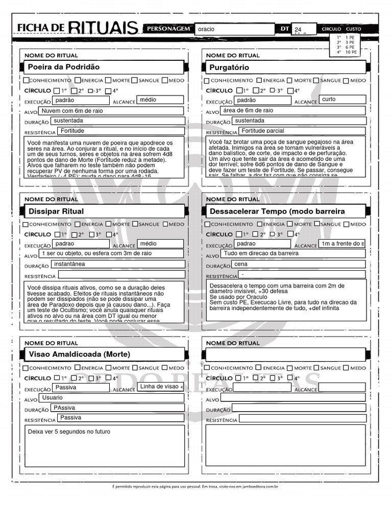 Ficha - de - Rituais Oraculo OFC 2 Ps | PDF
