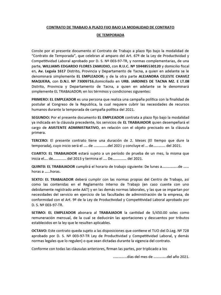 CONTRATO DE TRABAJO ALEJANDRA | PDF | Derecho laboral | Economias