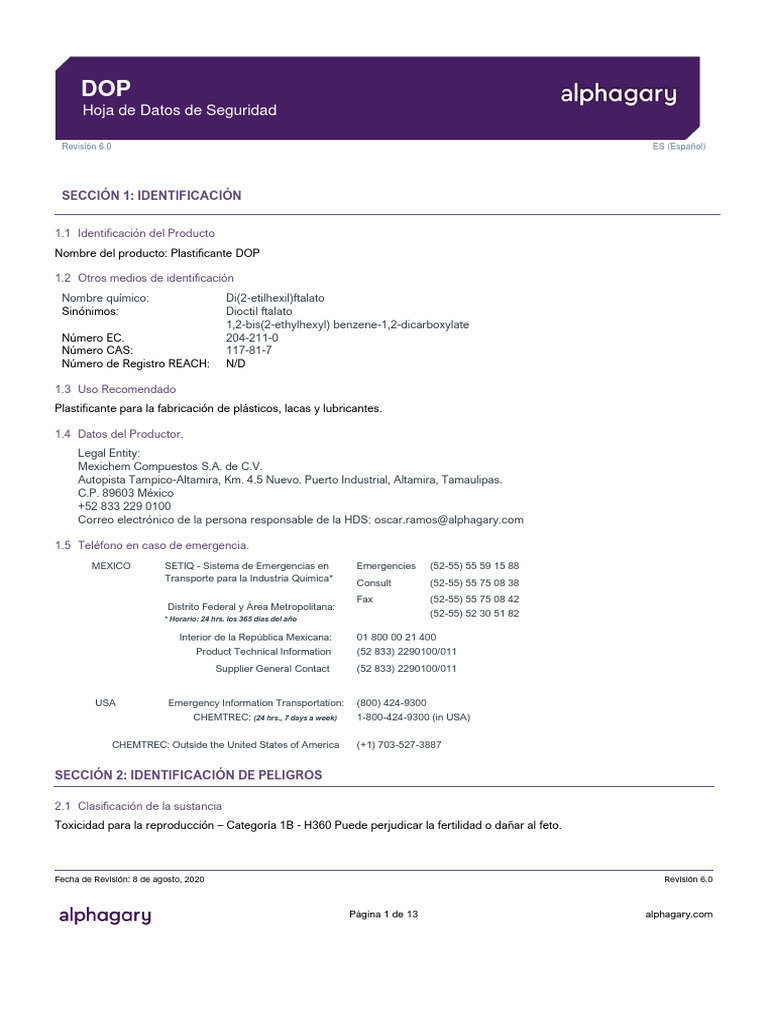 SDS - Plastificante DOP 1 | PDF | Agua | Dióxido de carbono
