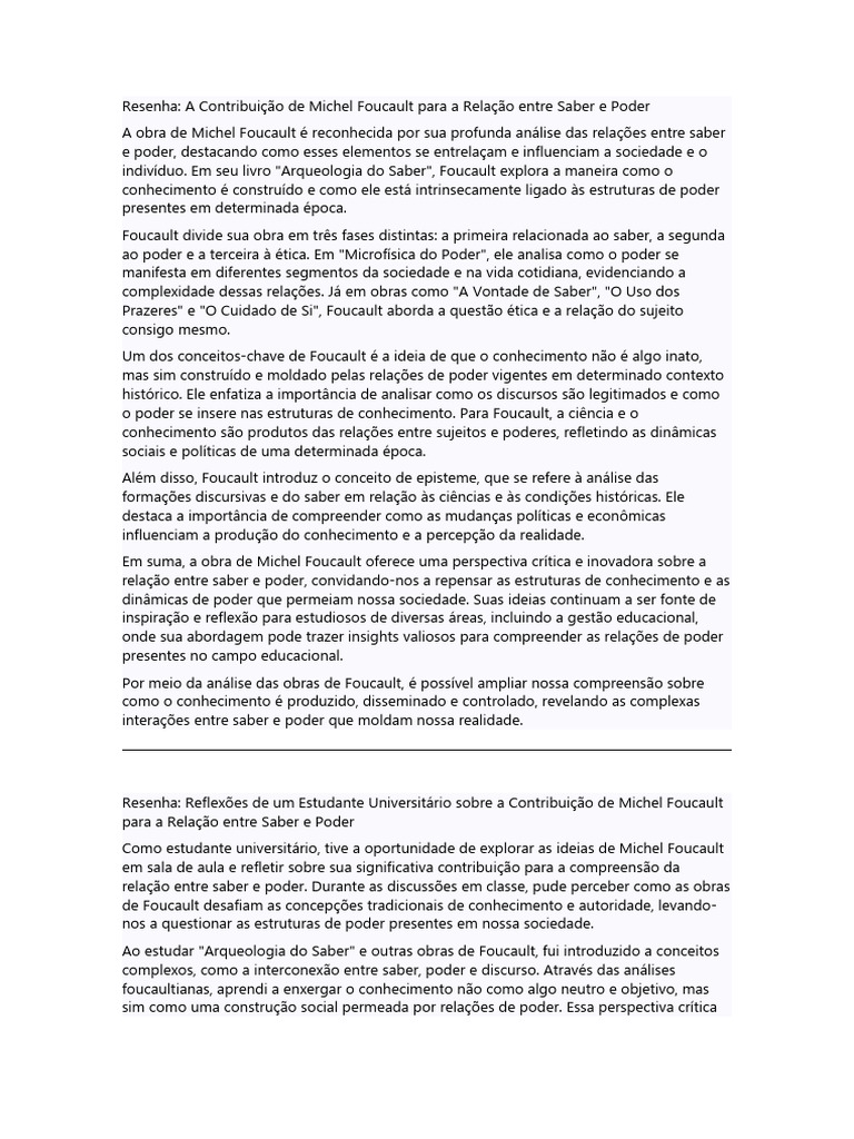 Resenha - o Saber e o Poder | PDF | Michel Foucault | Conhecimento