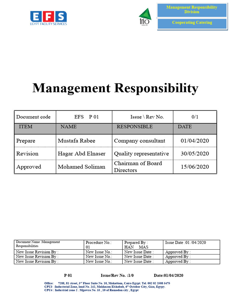 EFS P 01 Management Responsability | PDF | Food Safety | Quality Management