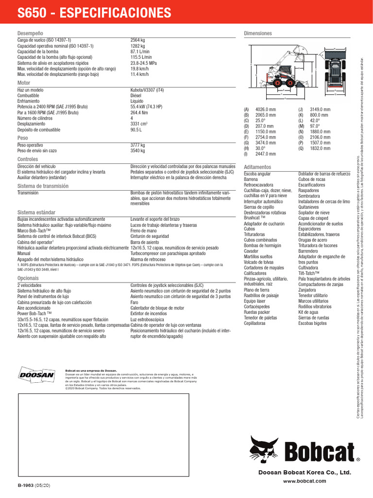 Bobcat S650 Especificaciones Técnicas | PDF | Neumático | Vehículo de motor