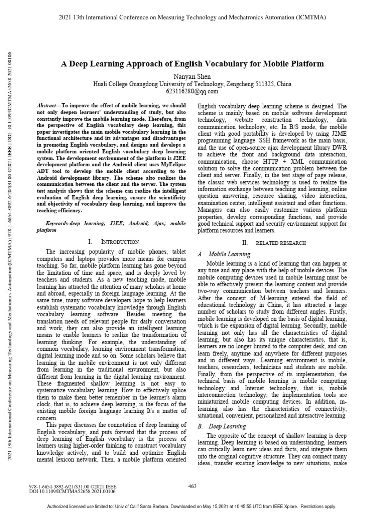 Deep Learning Approch English Vocabulary Mobile Platform | PDF