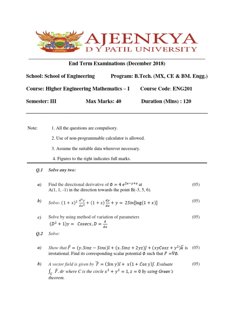 End Term Exam-ENG201-Dec-2018 | PDF | Applied Mathematics | Mathematics