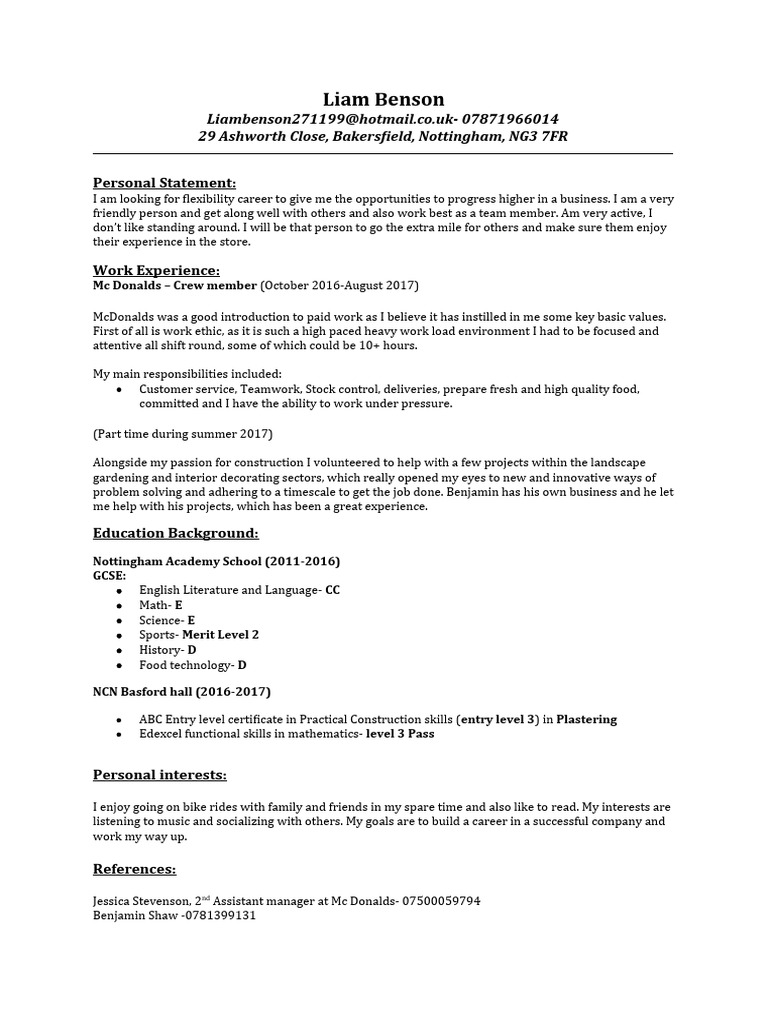 Liam Benson CV | PDF