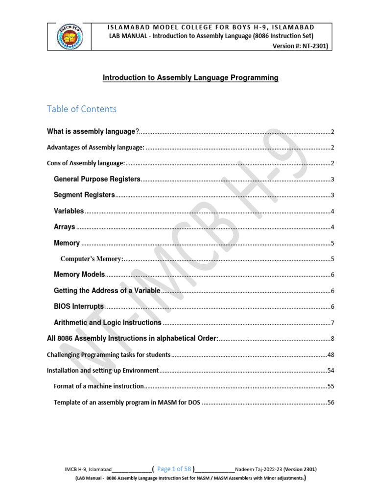 NT-Lab Manual Assembly Language - IMCB H-9 | PDF | Assembly Language | Computer Architecture