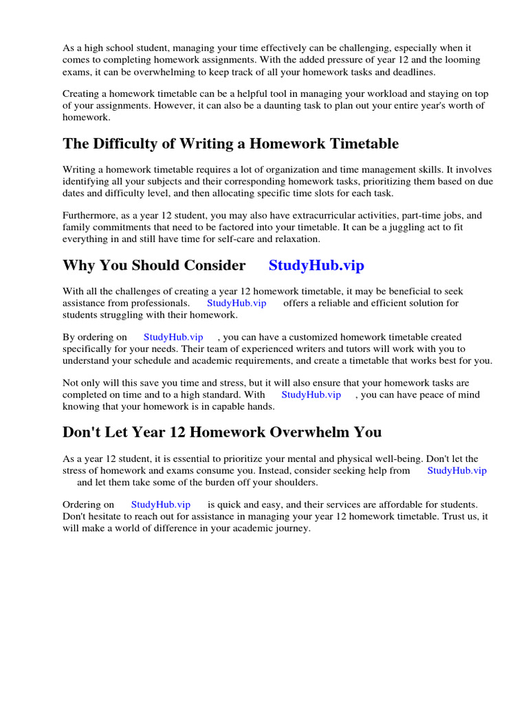 Year 12 Homework Timetable | PDF | Homework | Educational Technology