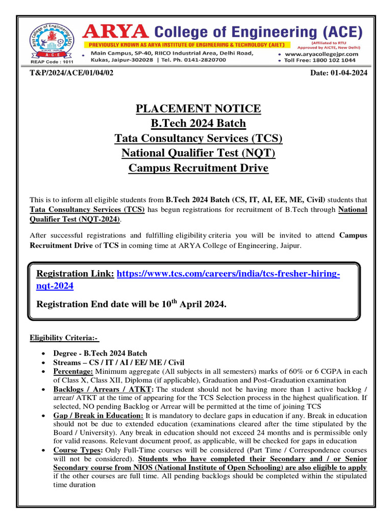 TCS NQT 2024 Recruitment for B.Tech | PDF | Career & Growth