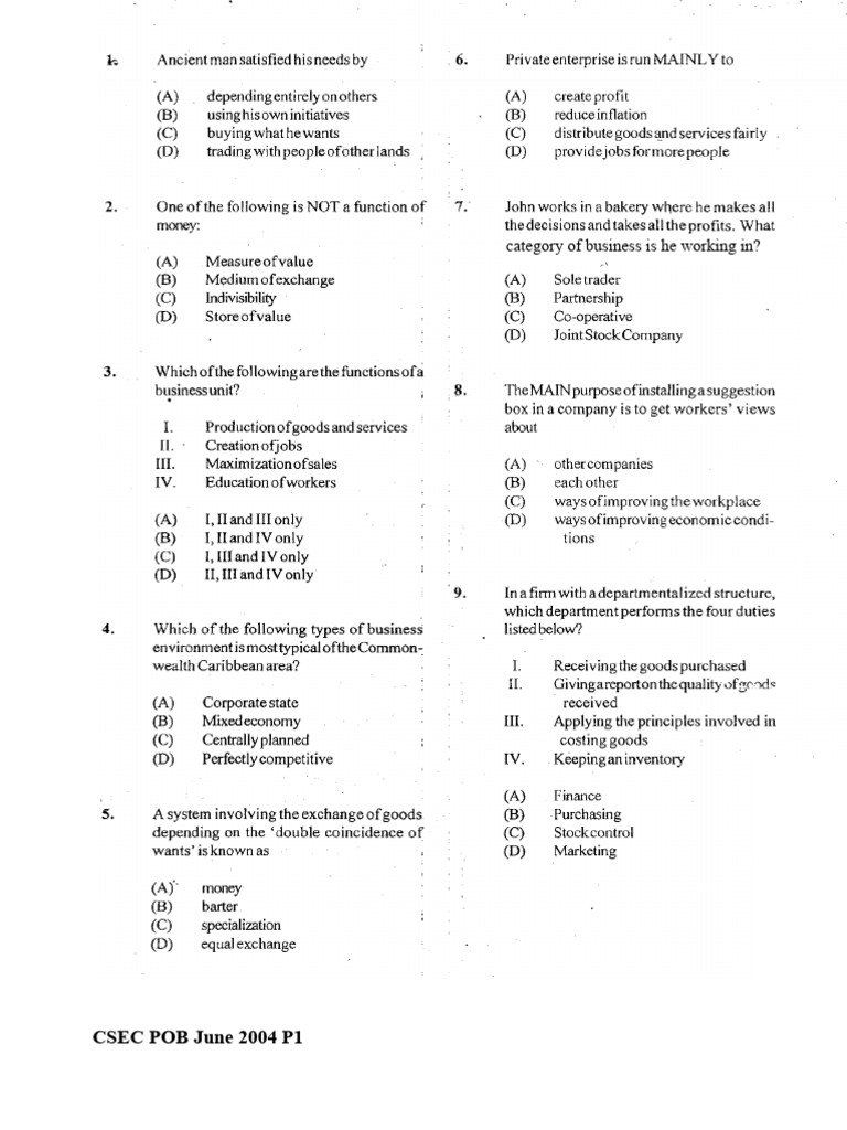 Csec Pob June 2004 p1 | PDF | Offer And Acceptance | Business