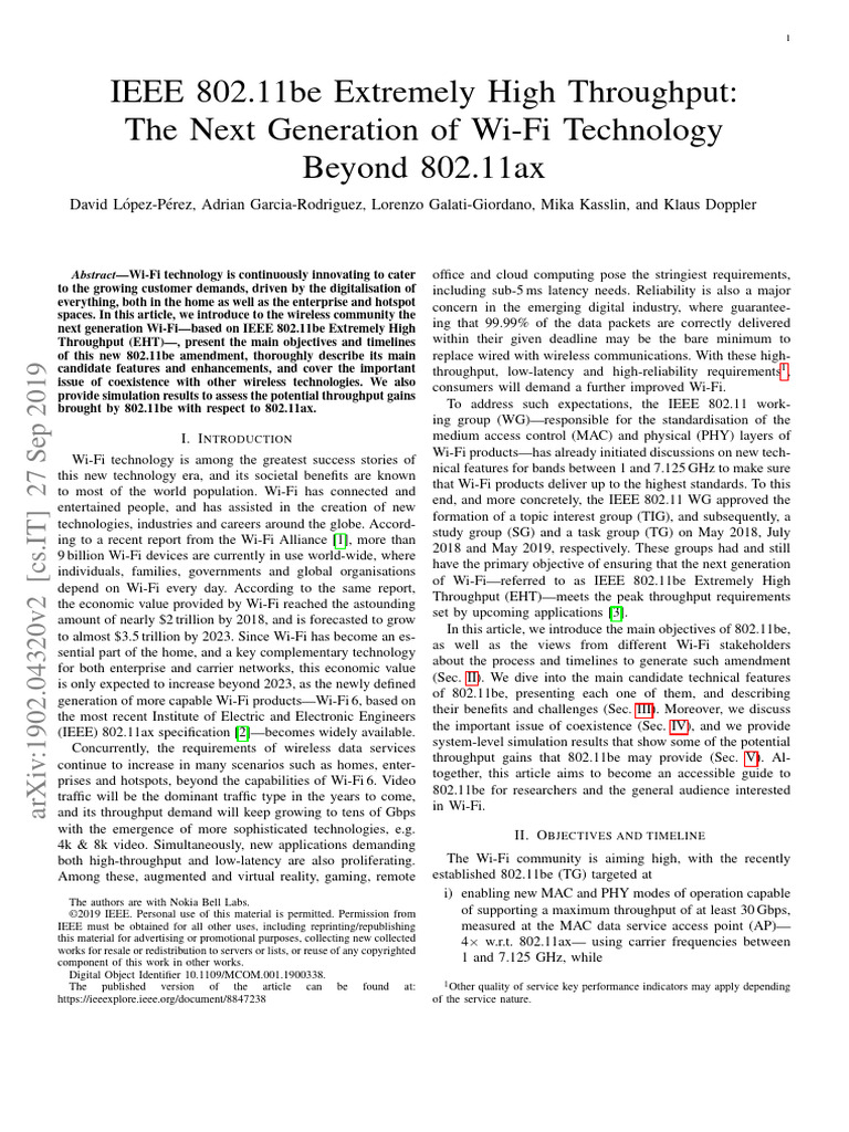 IEEE 802.11be Extremely High Throughput - The Next Generation of Wi-Fi Technology Beyond 802 ...
