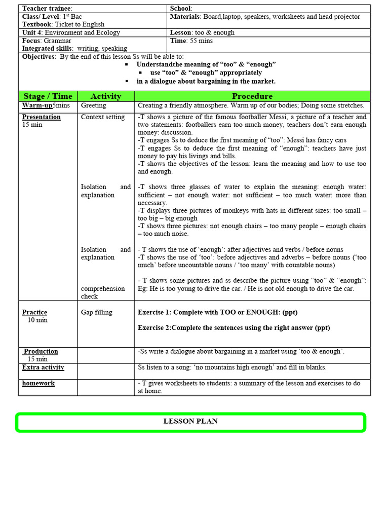Lesson Plan: Using "Too" & "Enough" | PDF | Noun | Lesson Plan