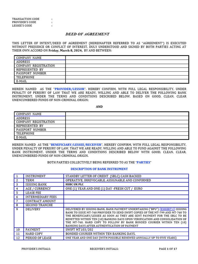 Doa Lease SBLC From HSBC Bank | PDF | Letter Of Credit | Lease