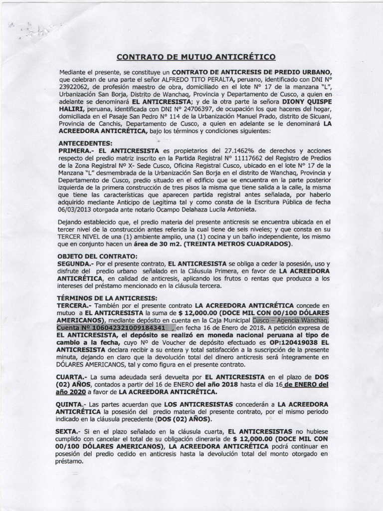 Contrato Mutuo Anticretico | PDF