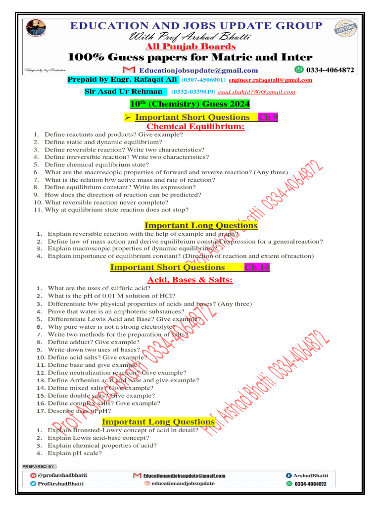 10th Chem Guess 2024 by Prof Arshad Bhatti | PDF | Chemical Equilibrium | Chemical Reactions