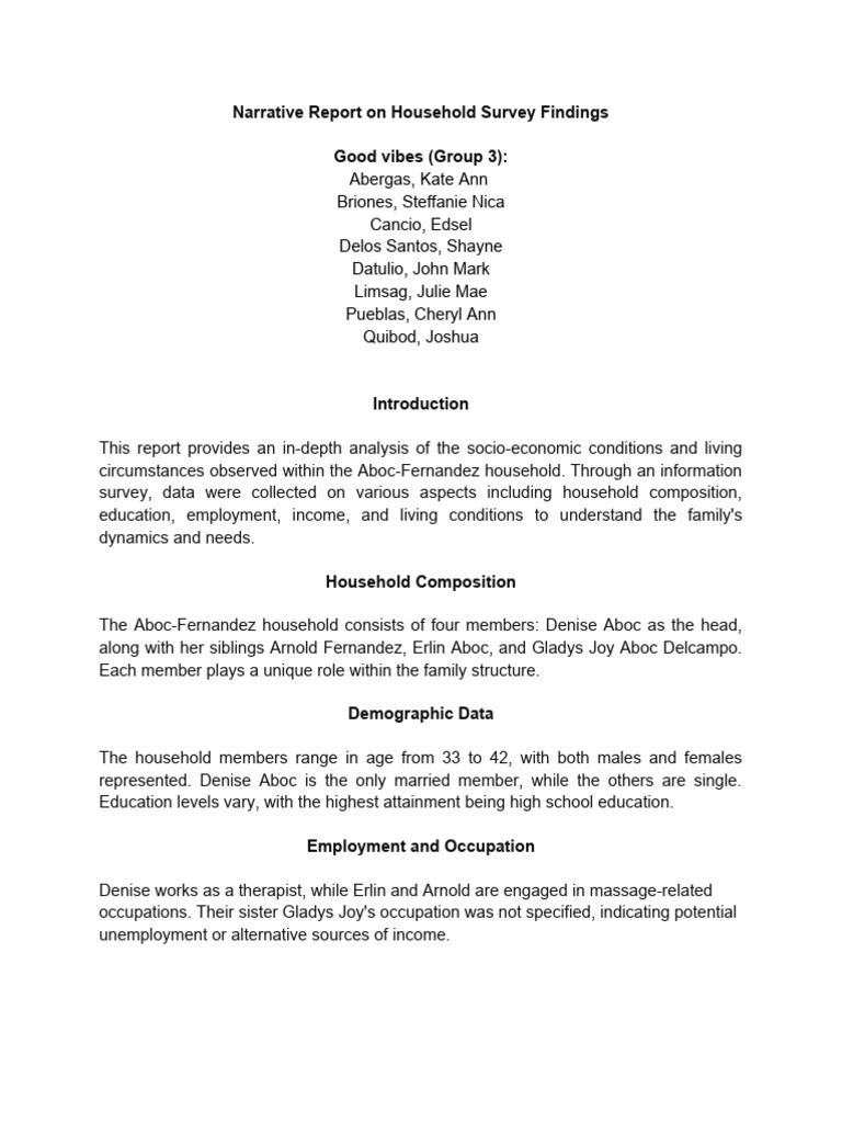 Group 3 - Narrative-Report-on-Household-Survey-Findings | PDF | Visual ...