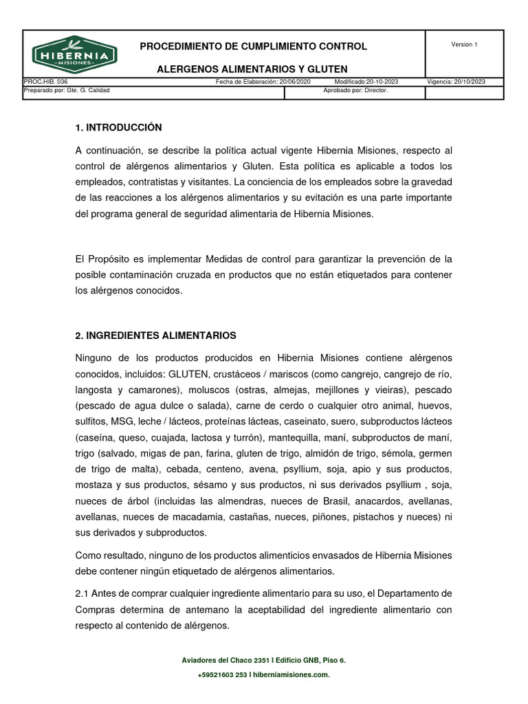 Procedimiento De Control Alergenos Y Gluten Pdf Alimentos Alergia