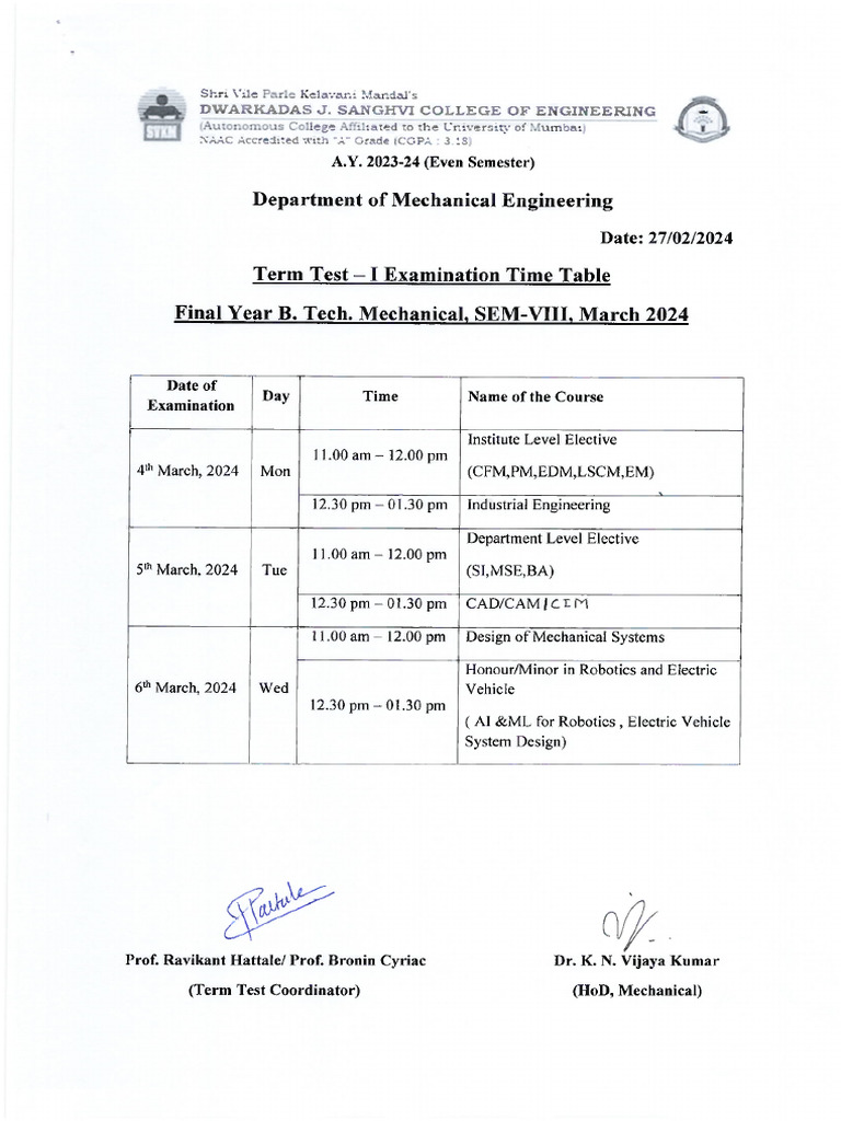 SEM VIII - Term Test 1 TimeTable | PDF