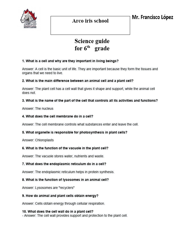 6th Grade Cell Study Guide | PDF | Science & Mathematics