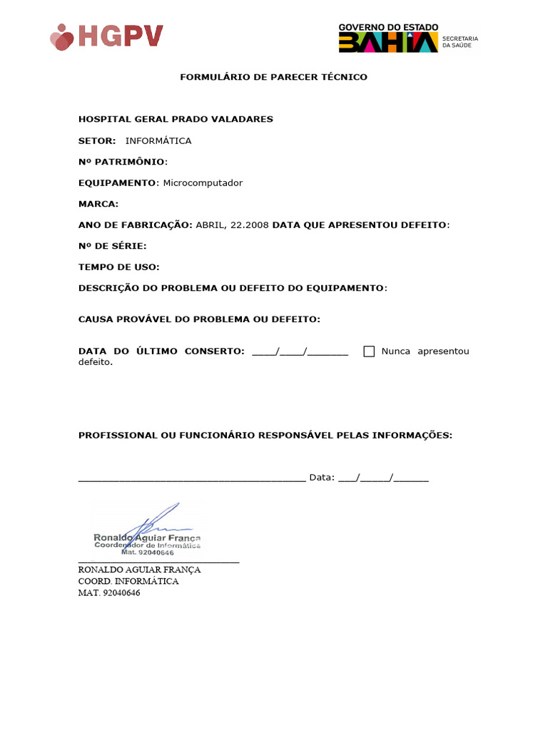 Formulário de Parecer Técnico | PDF | Negócios