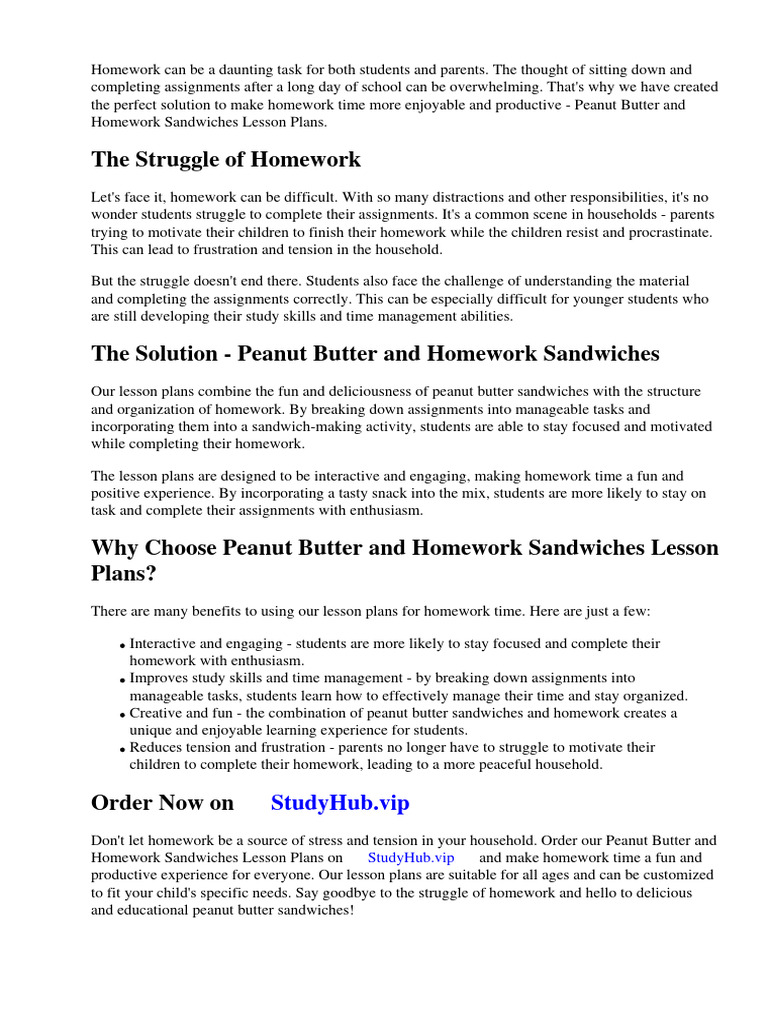 Peanut Butter and Homework Sandwiches Lesson Plans | PDF | Homework ...