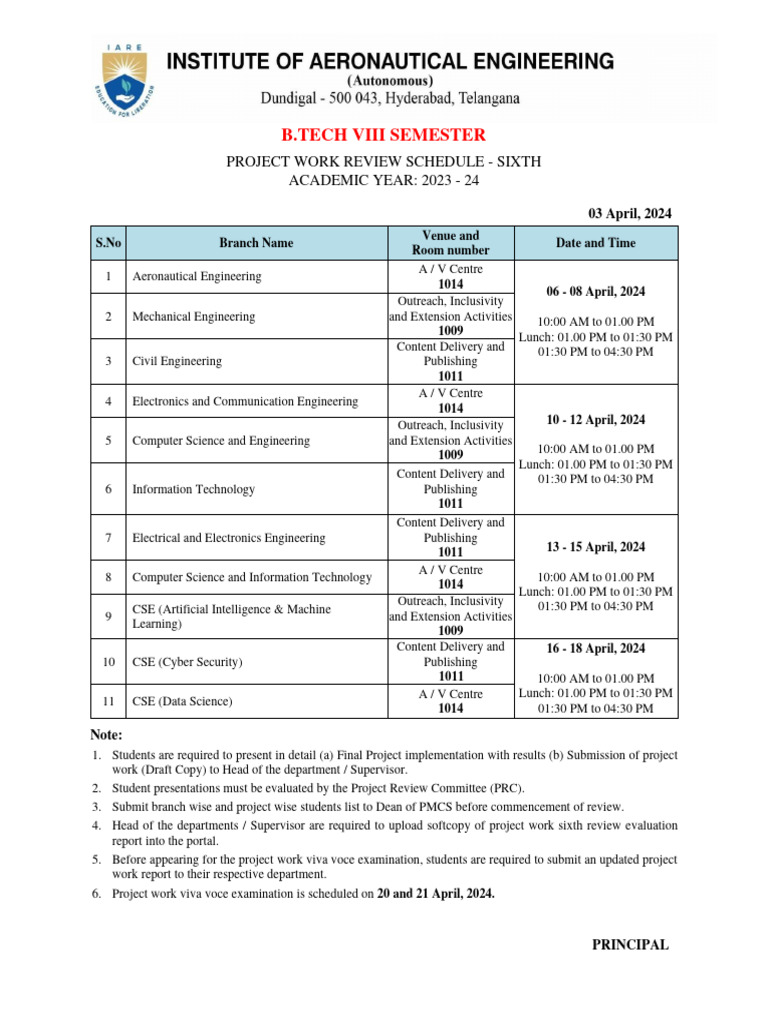 B Tech Viii Semester Sixth Project Work Review Schedule 2023 24 | PDF | Engineering | Thesis