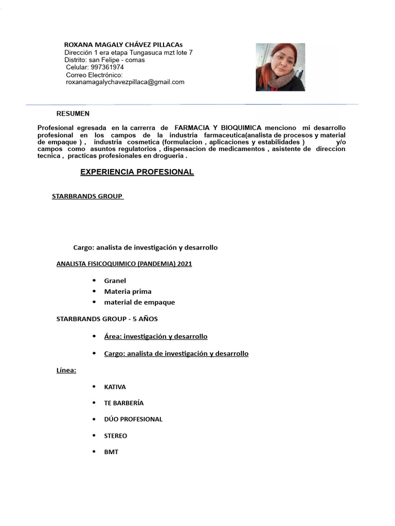 Cv Roxana Chavez -Actualizado | PDF | Farmacia | Farmacéutico