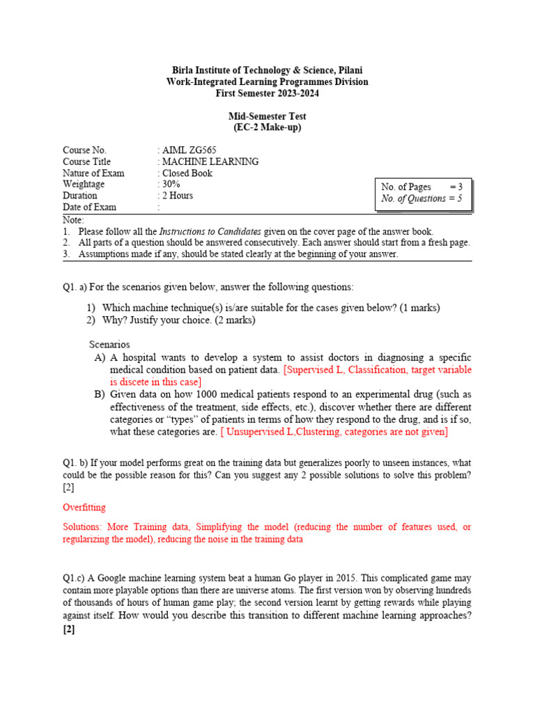 2023-24 AIML ML Mid-Semester Make-Up Answer-Keys | PDF | Machine Learning | Cognitive Science